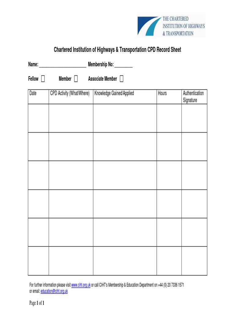Chartered Institution of Highways & Transportation CPD Record Sheet | PDF