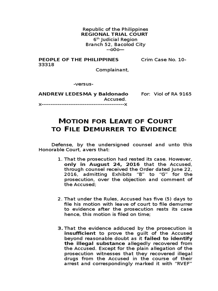Motion For Leave To File Demurrer | PDF | Demurrer | Prosecutor