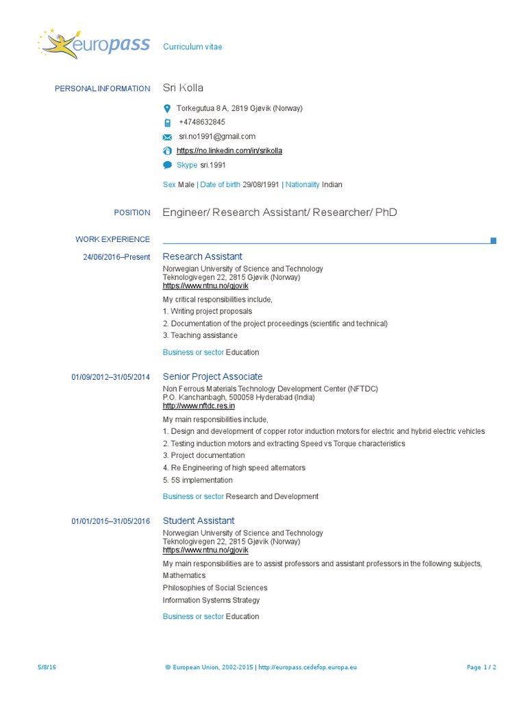 CV Europass 20160805 Kolla EN PDF | PDF | Science, Technology, Engineering, And Mathematics ...