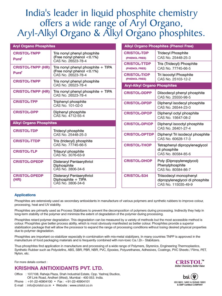 CRISTOL Liquid Phosphite Antioxidants | PDF | Biodegradation | Polymers