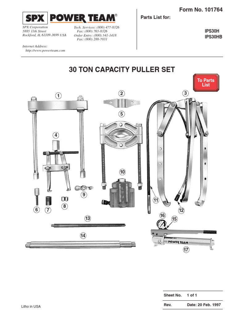 30 Ton Capacity Puller Set: Parts List For | PDF