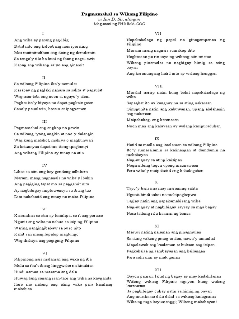 Pagmamahal Sa Wikang Filipino Ni IAN D. SACULINGAN (Piyesa Sa Sabayang Pagbigkas) | PDF