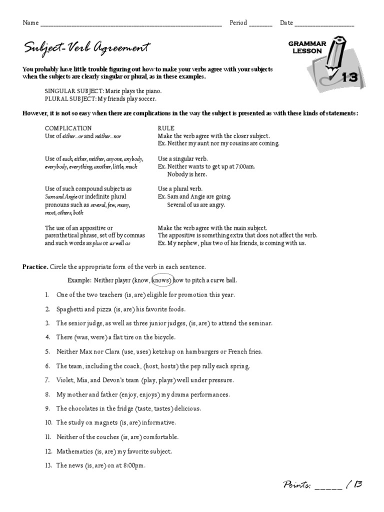 Grammar 13 - Subject-Verb Agreement | PDF