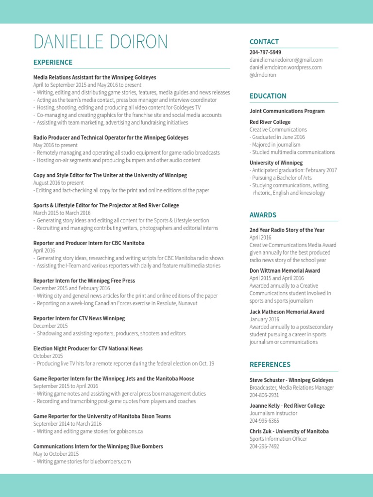 Danielle Doiron Resume | PDF | Editing | Canadian Broadcasting Corporation