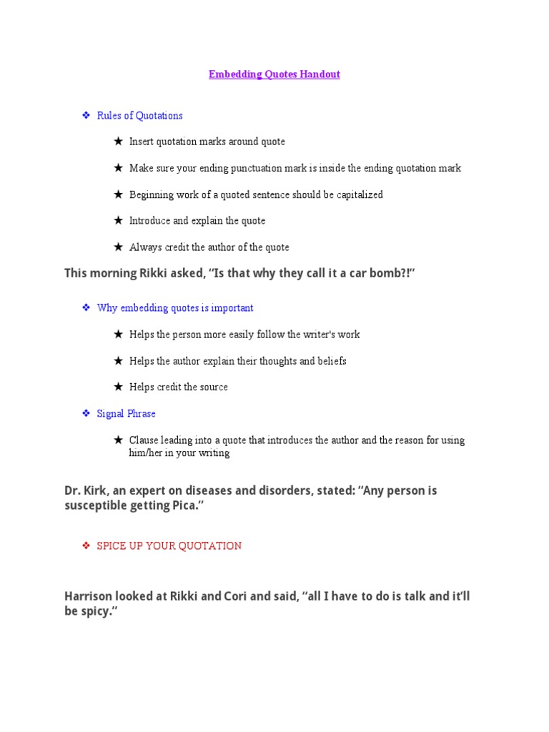 Rules of Quotations: Embedding Quotes Handout | PDF | Punctuation ...