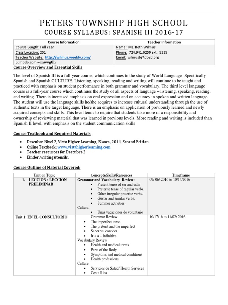 Spanish III Syllabus - Wilmus - Final | PDF | Homework | Educational ...