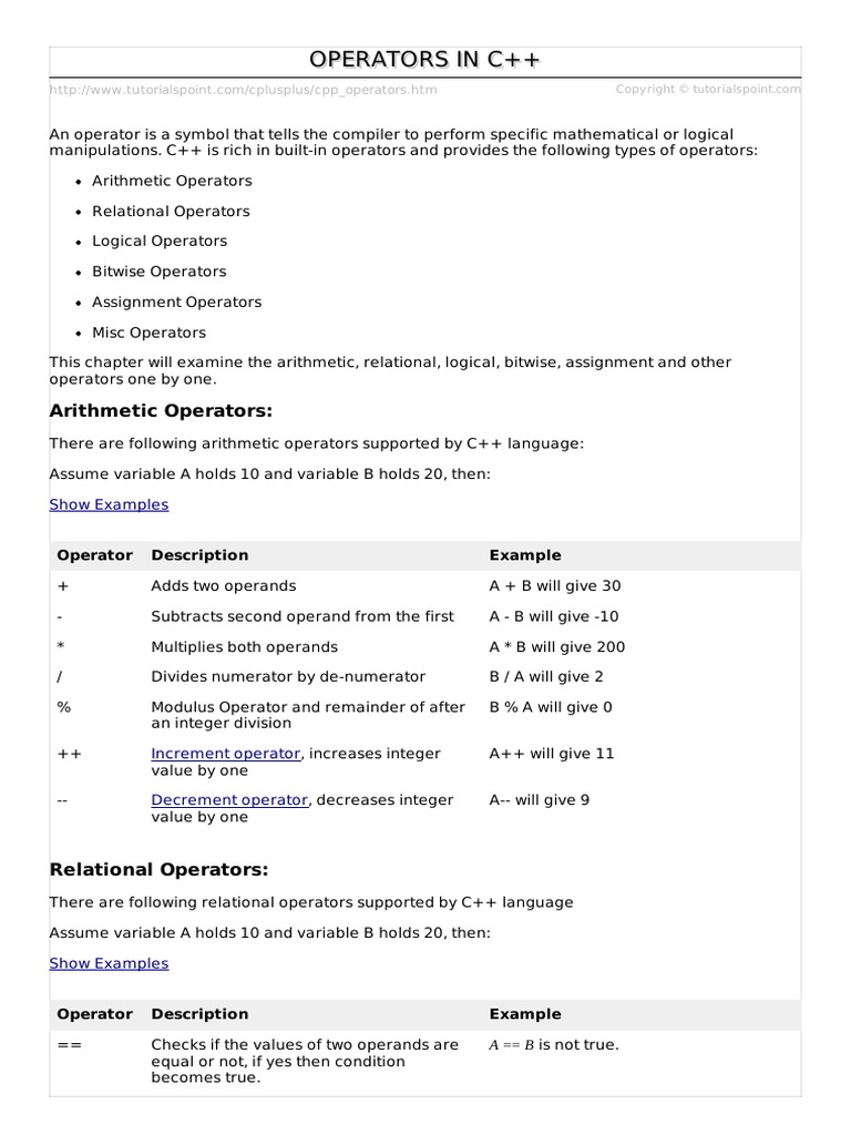CPP Operators | PDF | Mathematical Notation | Computer Engineering