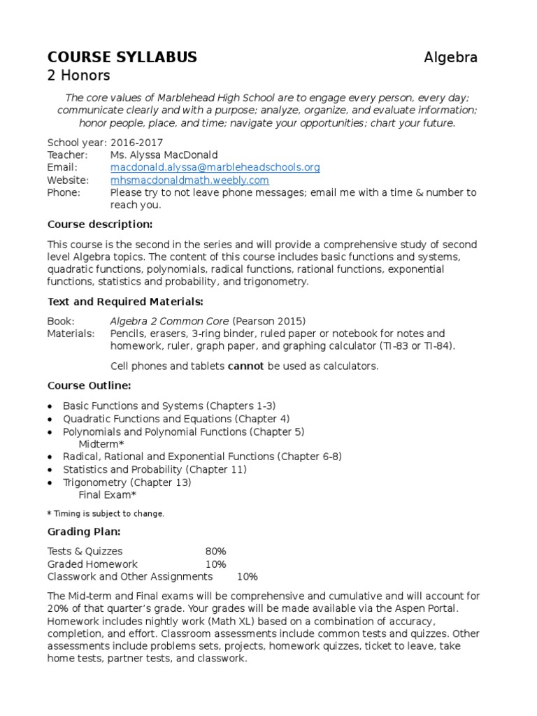 Algebra 2 Honors Course Syllabus | PDF | Homework | Educational Assessment