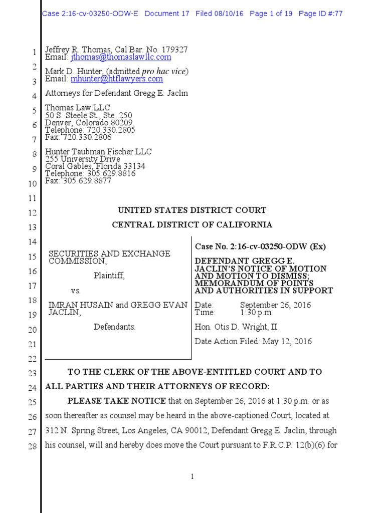 Attorney Gregg Jaclin Motion To Dismiss SEC Fraud Charges | PDF | Sec ...