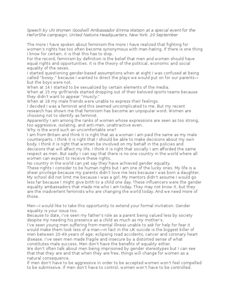 Speech by UN Women Goodwill Ambassador Emma Watson at A Special Event ...