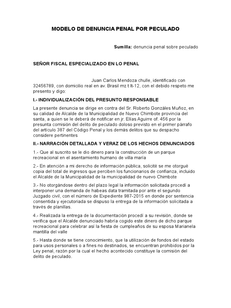 Modelo De Denuncia Penal Por Peculado Pdf Alcalde Derecho Penal