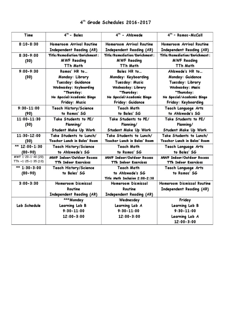 4th Grade Schedules Weebly | PDF | Educational Institutions | Behavior ...