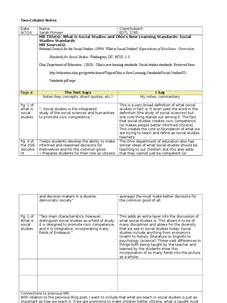 Two-Column Notes: Standards For Social Studies. Washington, DC: NCSS, 1 ...