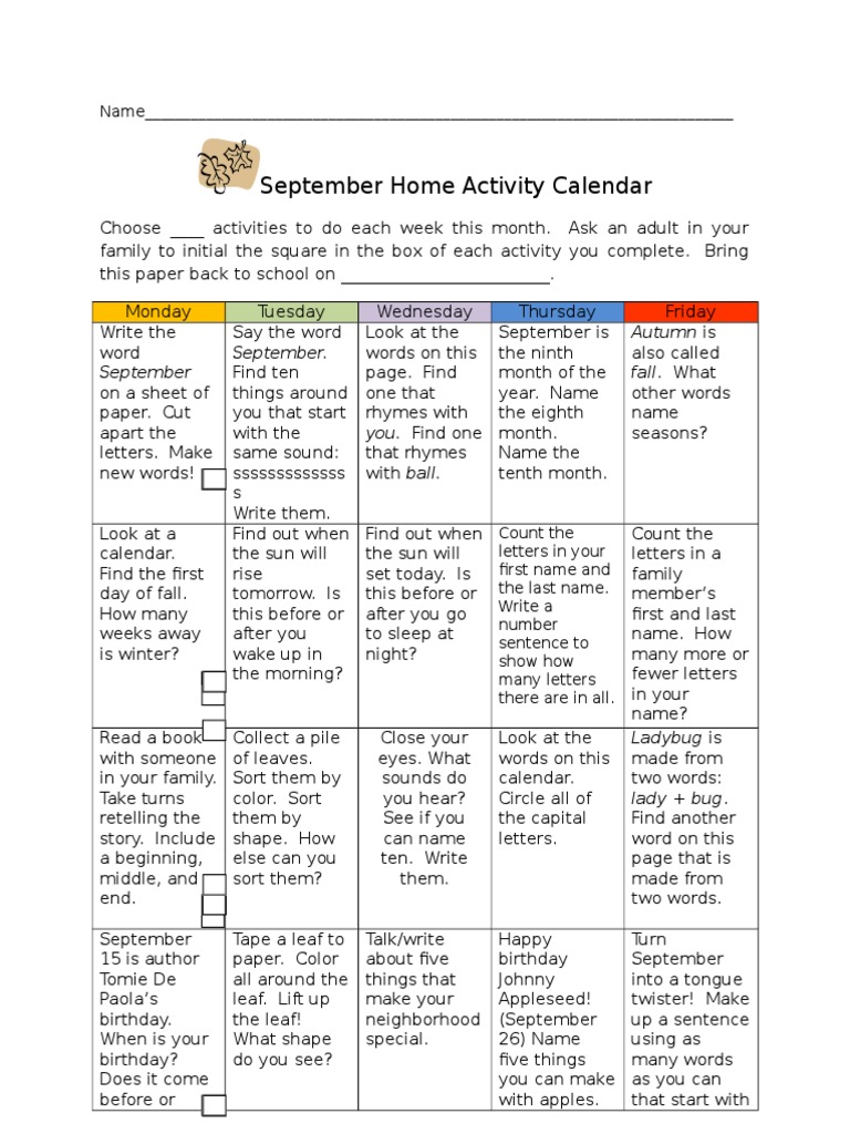 September Home Activity Calendar 2016 | PDF