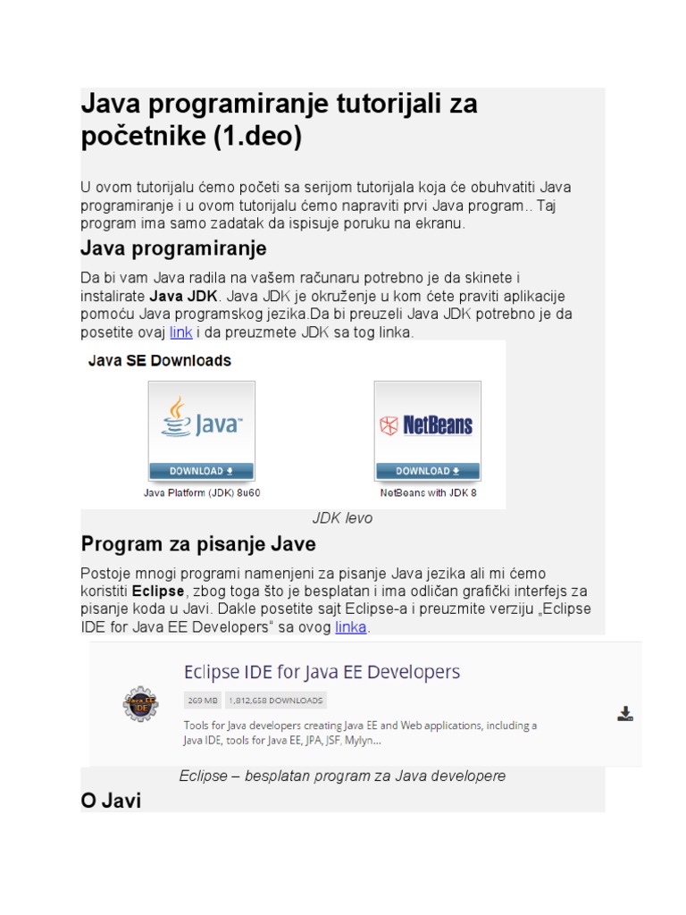 Java Programiranje Tutorijali Za Početnike | PDF