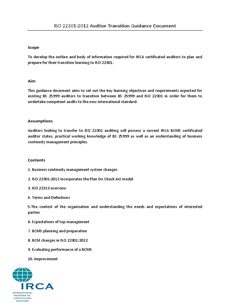ISO 22301 2012 Auditor Transition Guidance Document - Briefing Note ...