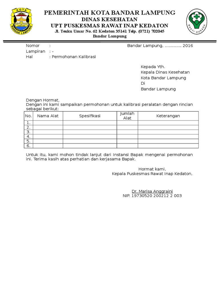 Permohonan Kalibrasi Alat Kesehatan Kedaton | PDF