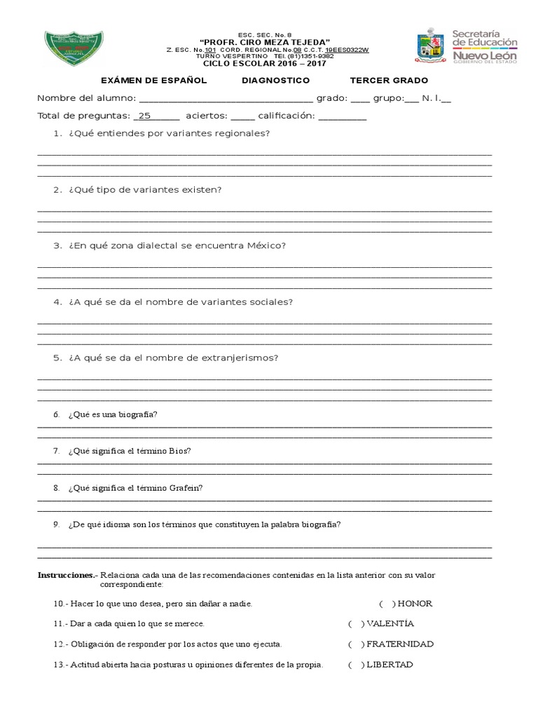 Exámen De Español Diagnostico Tercer Grado