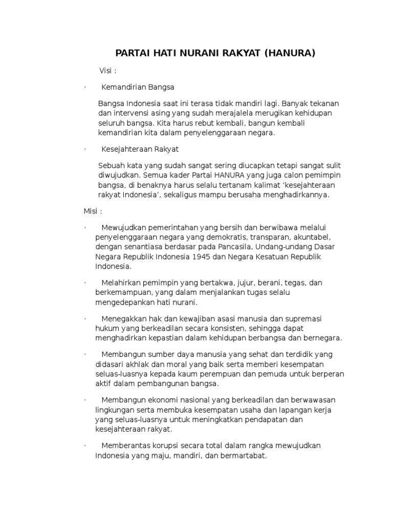 Visi Dan Misi Partai HANURA | PDF