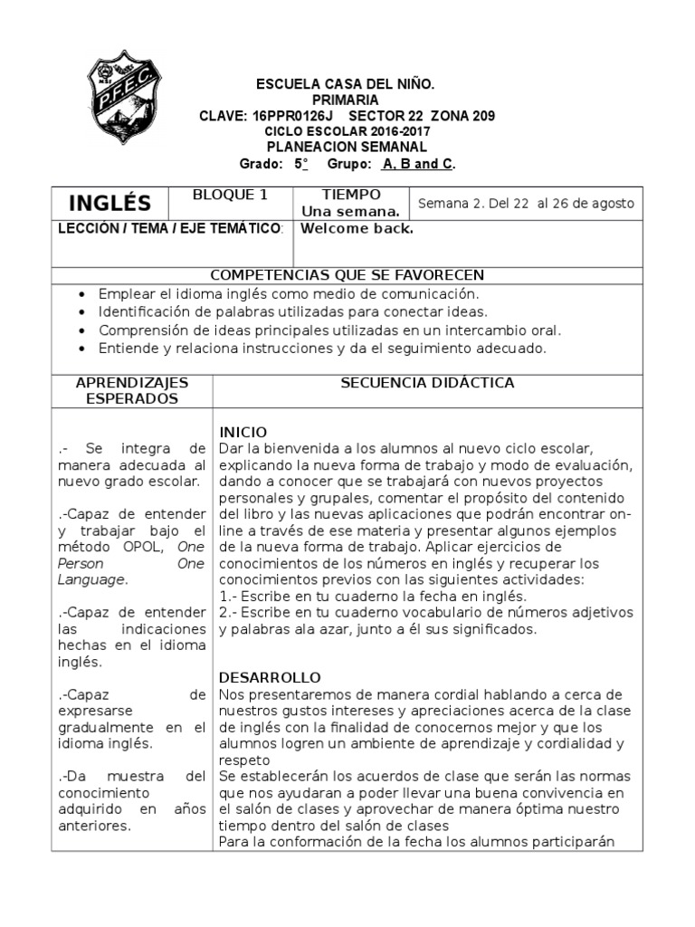 Planeación Inglés Ciclo Escolar 2016-2017 | PDF | Idioma en Inglés ...