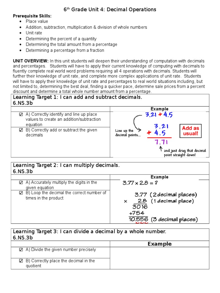 6th Grade Decimal Operations Unit | PDF | Percentage | Multiplication