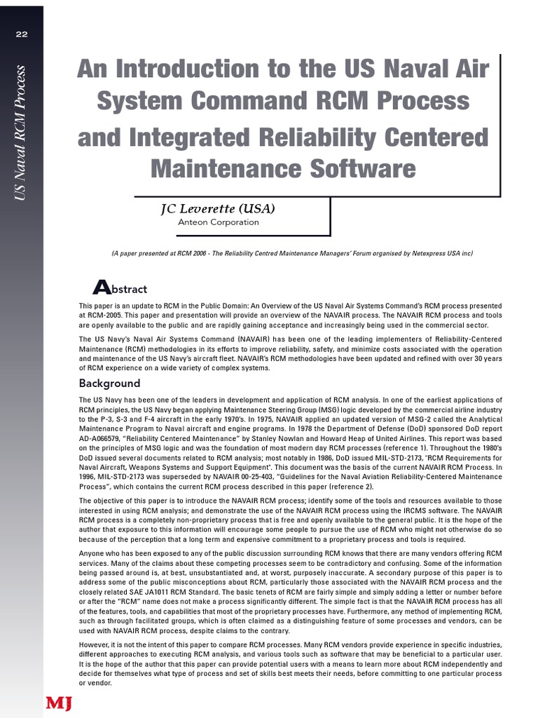 An Introduction To The US Naval Air System Command RCM Process and Integrated Reliability ...