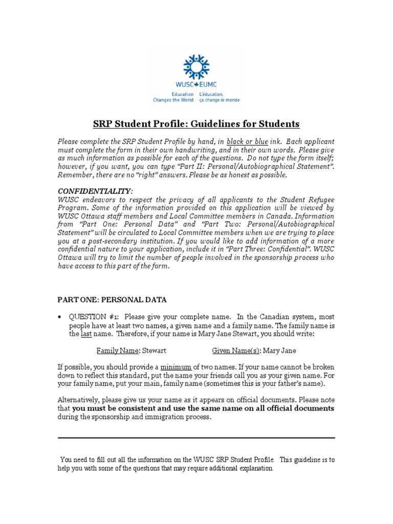 WUSC SRP Profile Form-Guidelines For Students | PDF | Refugee | Immigration