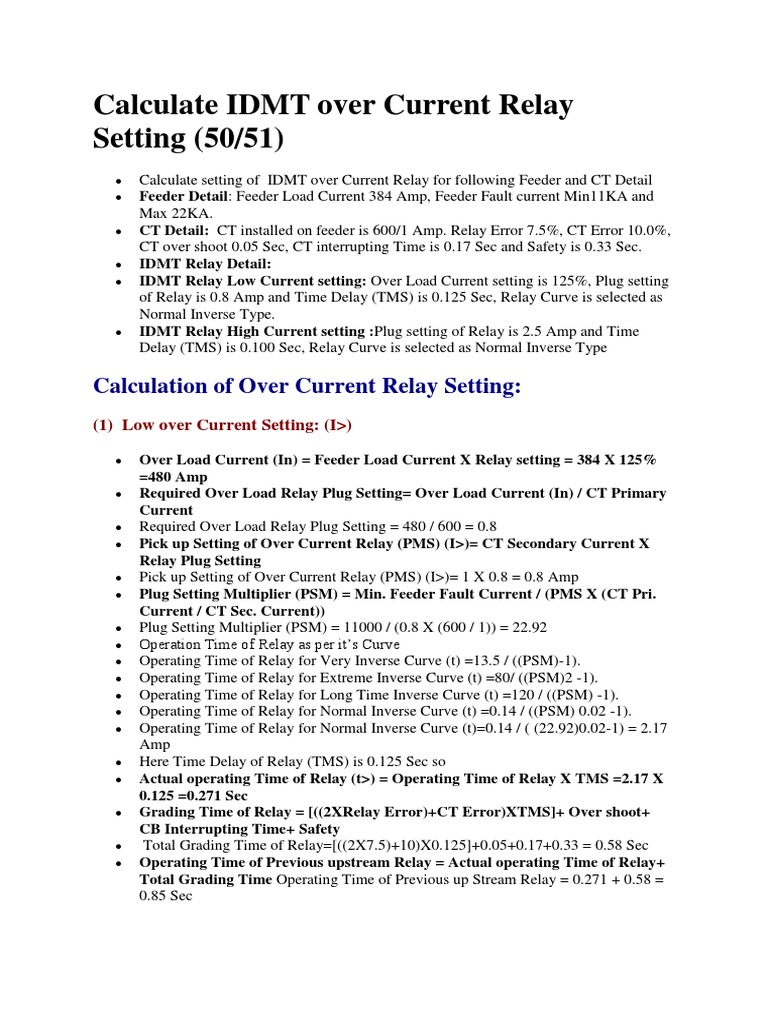 Calculate IDMT Over Current Relay Setting | PDF | Relay | Machines Calculate IDMT Over Current Relay Setting | PDF | Relay | Machines