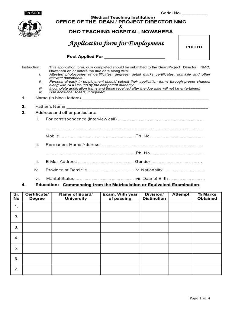 Job Application Form of NMC Nowshera | PDF | Qualifications | Academia
