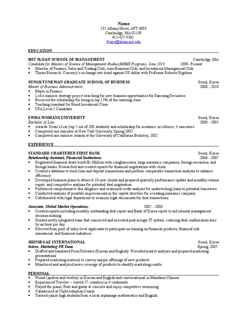English Resume (Sample A) | PDF | Master Of Arts | Banks
