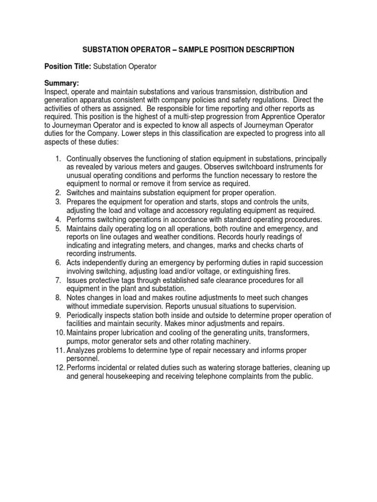 Sample Substation Operator Position | PDF | Electrical Substation ...