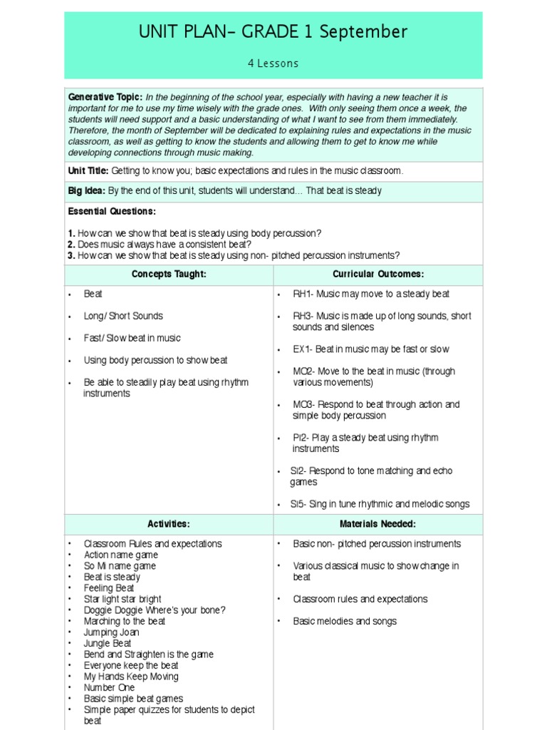 Grade 1 Unit Plan - September | PDF | Rhythm | Pitch (Music)