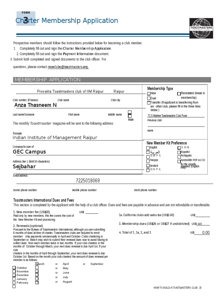 Charter Membership Application: Anza Thasneem N | Download Free PDF ...