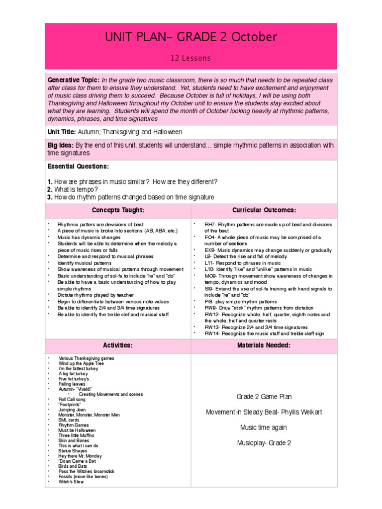 Unit Plan Grade 2 October | PDF | Rhythm | Clef