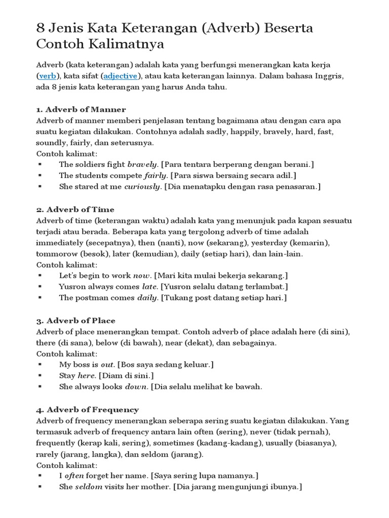 8 Jenis Kata Keterangan | PDF