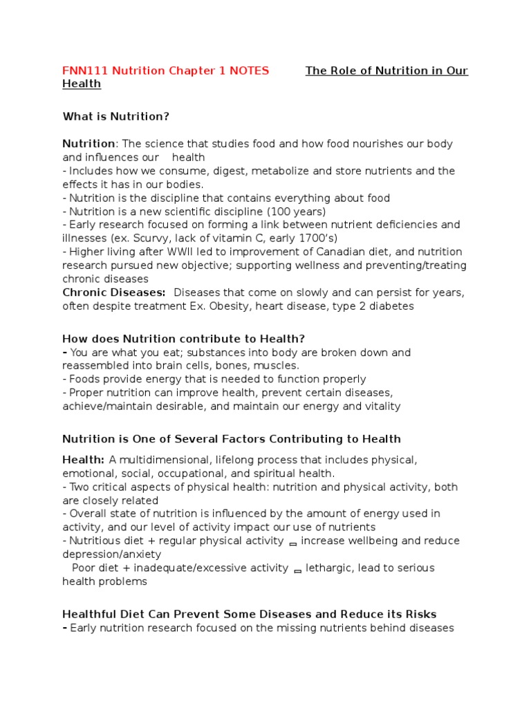 FNN111 Nutrition Chapter 1 NOTES The Role of Nutrition in Our Health ...