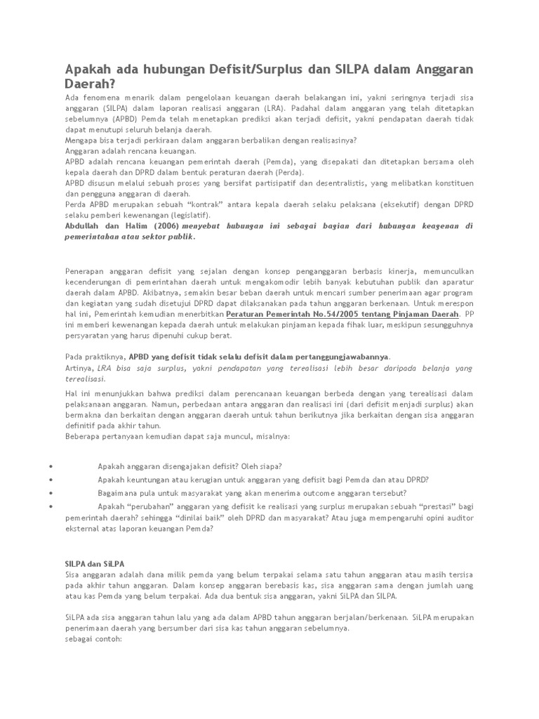 Apakah Ada Hubungan Defisit-Surplus & SILPA DLM Anggaran Daerah | PDF