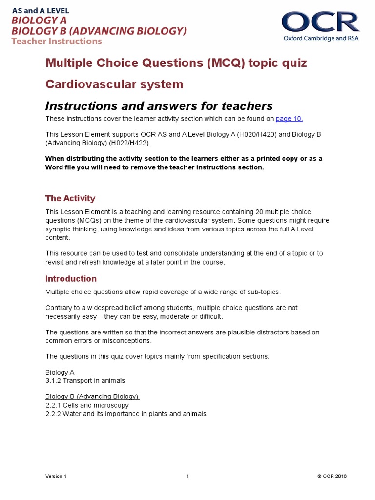 Cardiovascular System MCQ Topic Quiz Lesson Element | PDF | Heart Valve ...