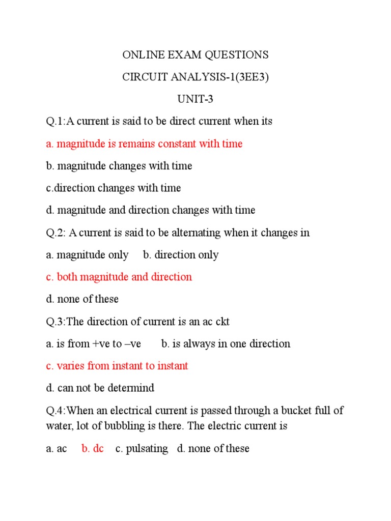 Online Exam Questions on Circuit Analysis Fundamentals (DC, AC Circuits ...