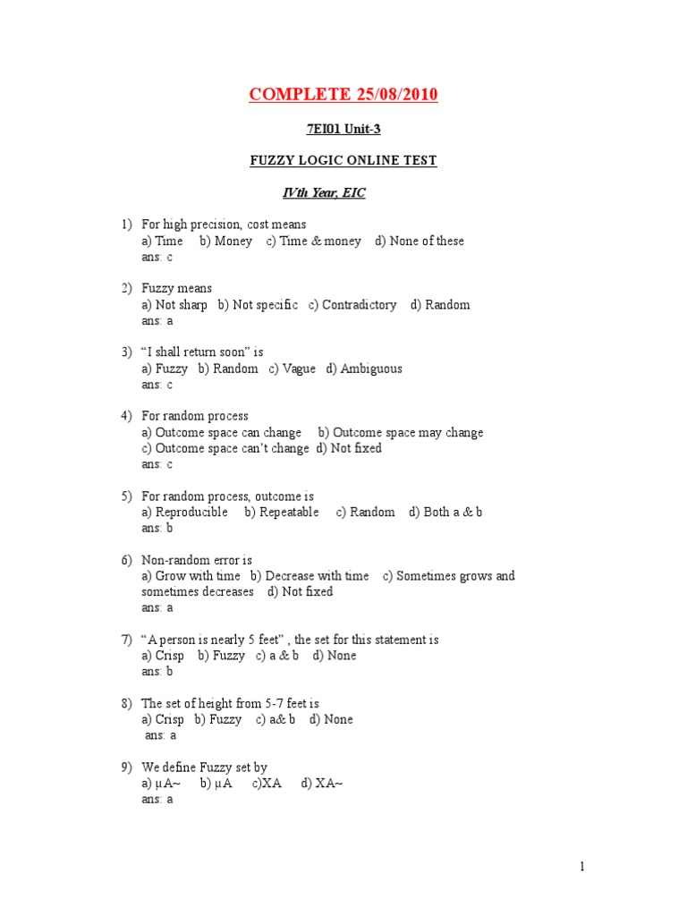 Fuzzy Logic Online Test Results Document Detailing Answers to Multiple ...