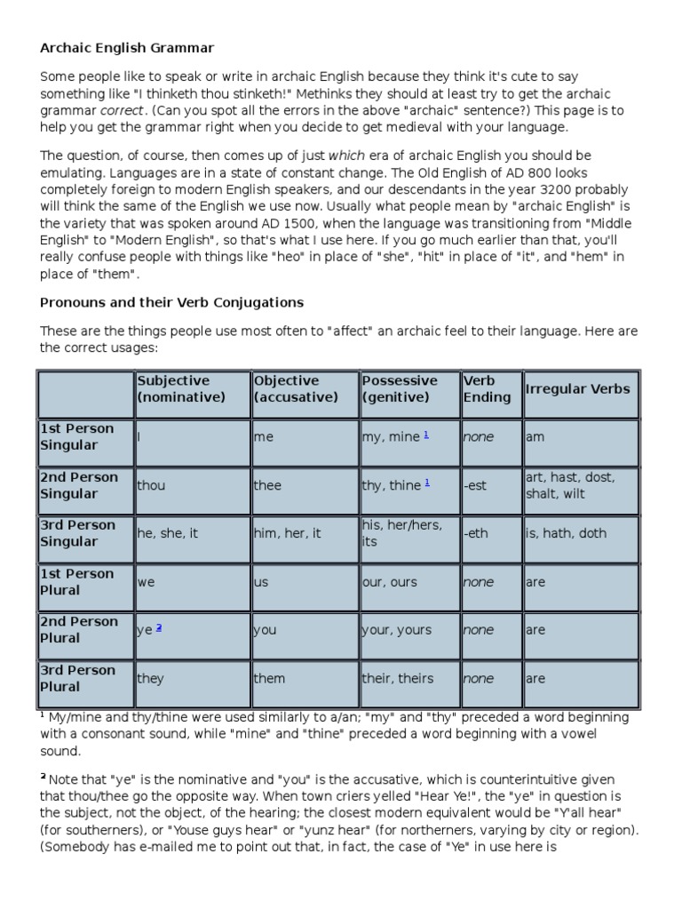 Archaic English Grammar Guide | PDF | Thou | English Language