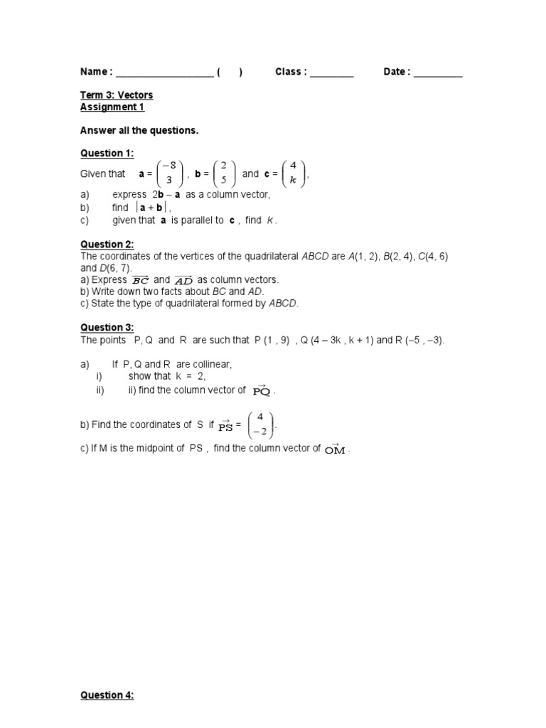 Name: - Class: - Date: - Term 3: Vectors Assignment 1 Answer All The Questions | PDF