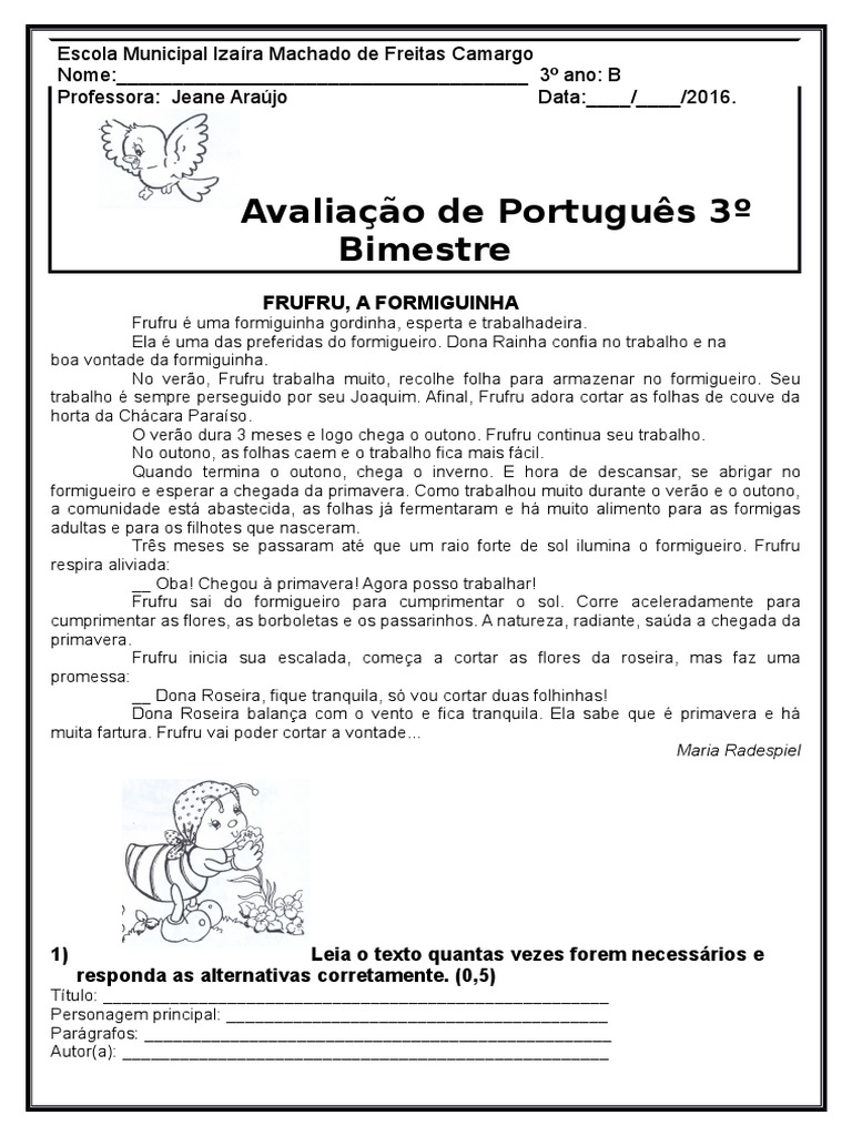 Avaliação de Português 3º Ano 3º Bimestre | PDF | Sílaba