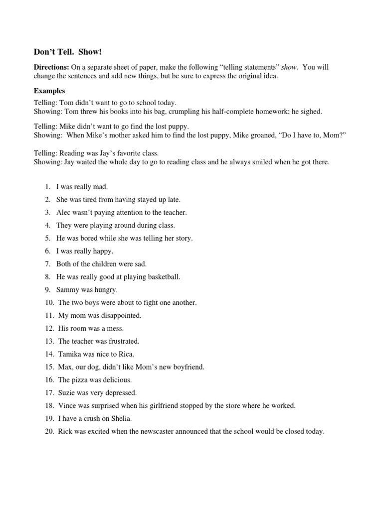 Showing Not Telling Narrative Worksheet | PDF