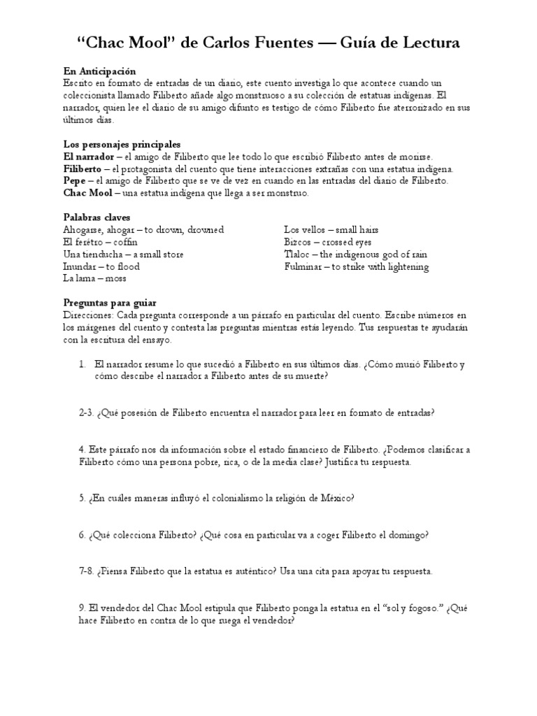 Guía de Lectura: "Chac Mool" de Fuentes | PDF | Narración | Ocio
