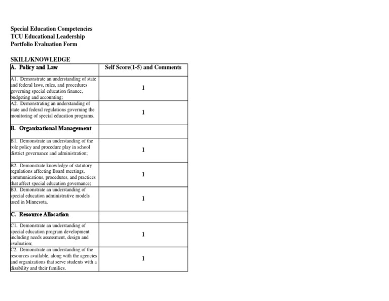 Sped Competencies Self Assessment | PDF | Special Education | Governance