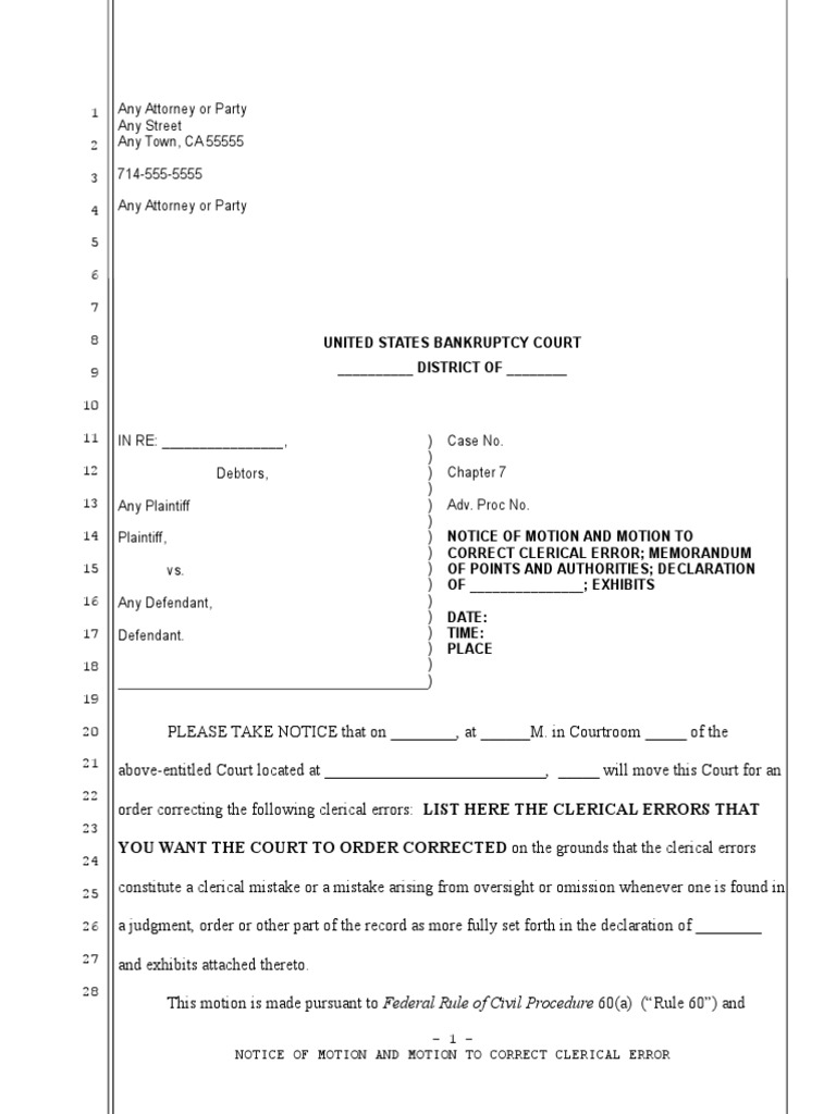 Sample Motion To Correct Clerical Error in United States Bankruptcy ...