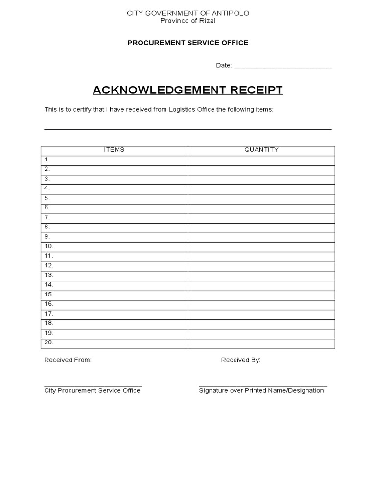 Acknowledgement Receipt: Procurement Service Office | PDF | Supply ...