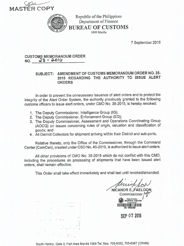 BOC Customs Memorandum Order 23-2016 (Alert Order Now Under Office of ...