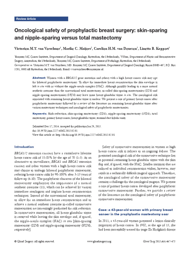 Oncological Safety of Prophylactic Breast Surgery: Skin-Sparing and ...